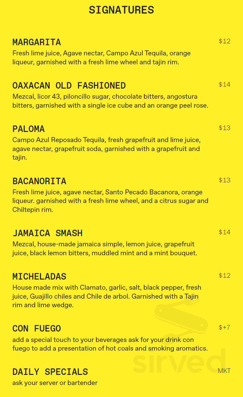 Menu - Phoenix AZ's Bacanora PHX | Sirved