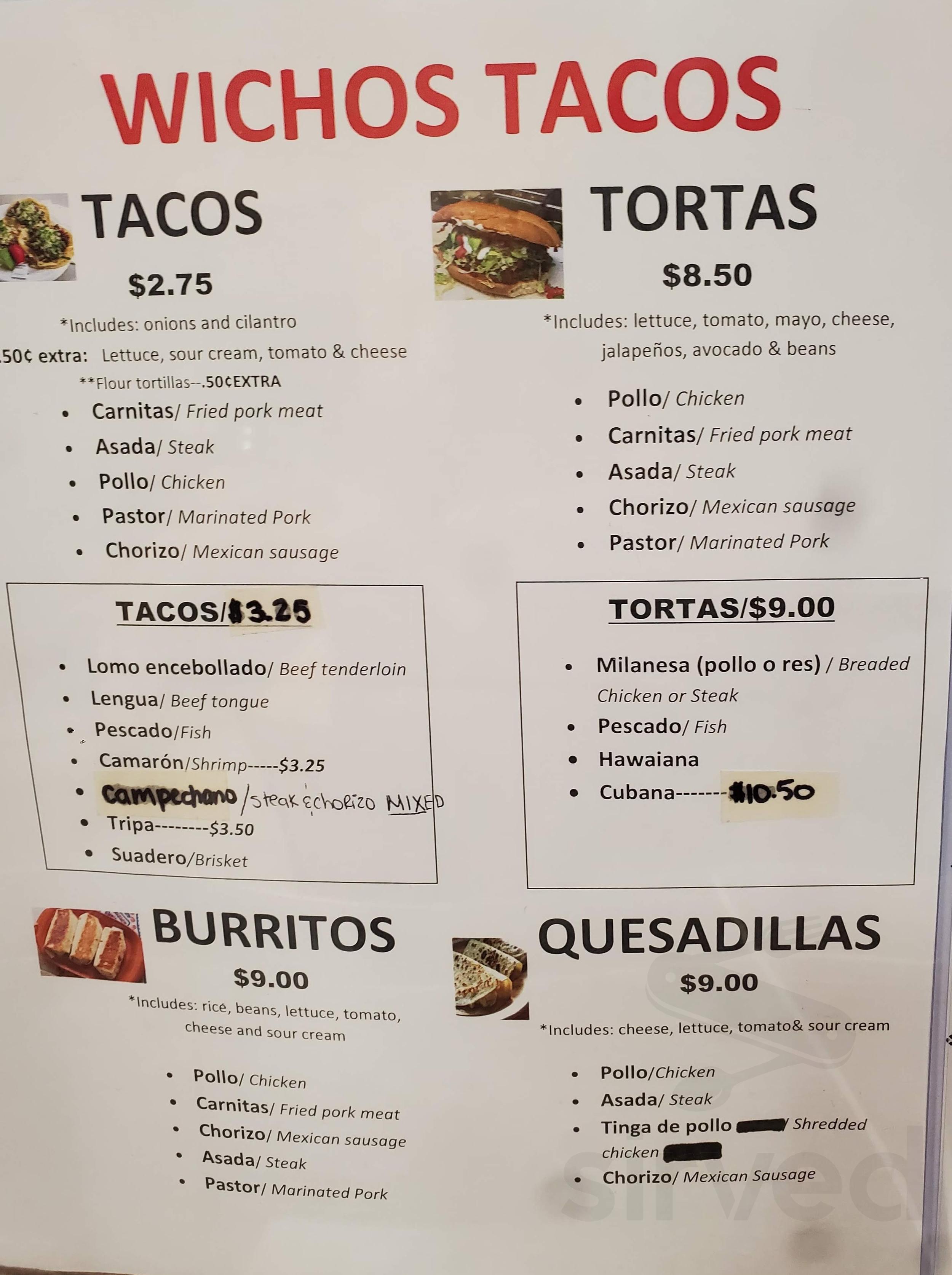 Menu for Wichos Tacos in Indianapolis, IN | Sirved