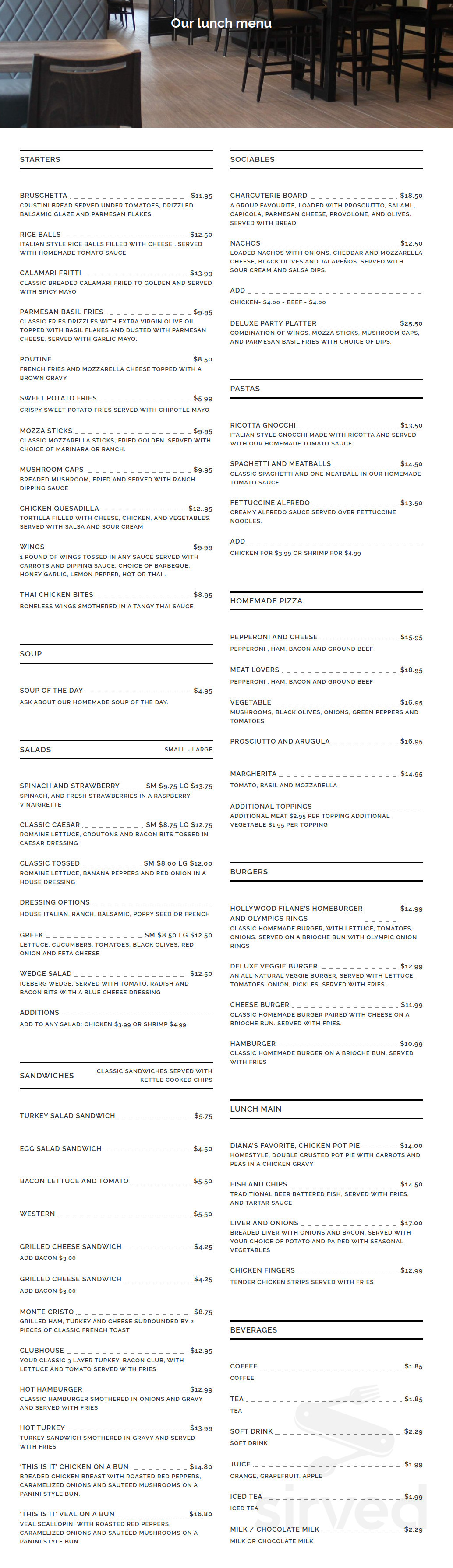 Filane's Restaurant menu in Schreiber, Ontario, Canada