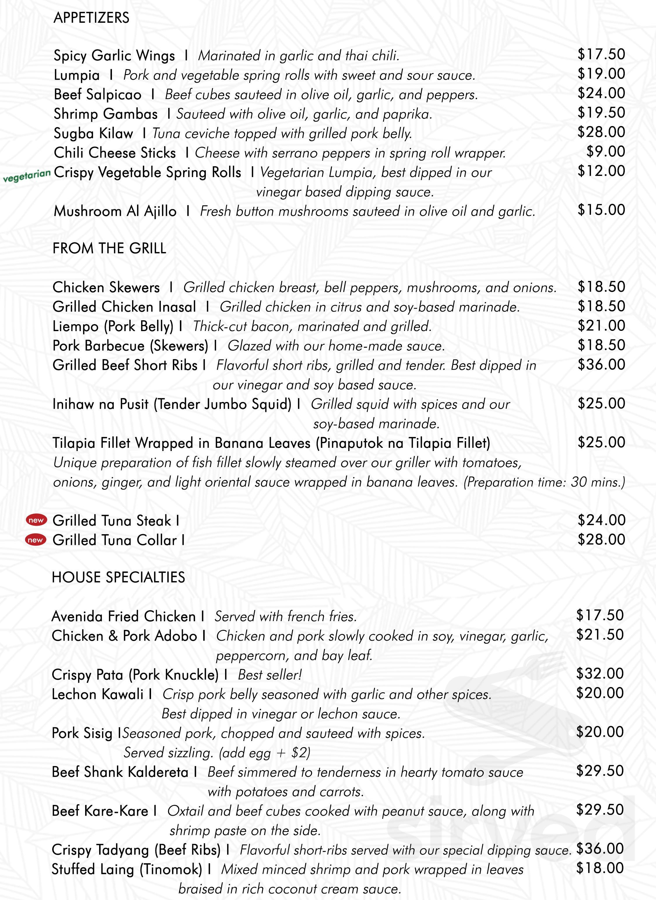 Menu - San Mateo CA's Avenida Restaurant | Sirved