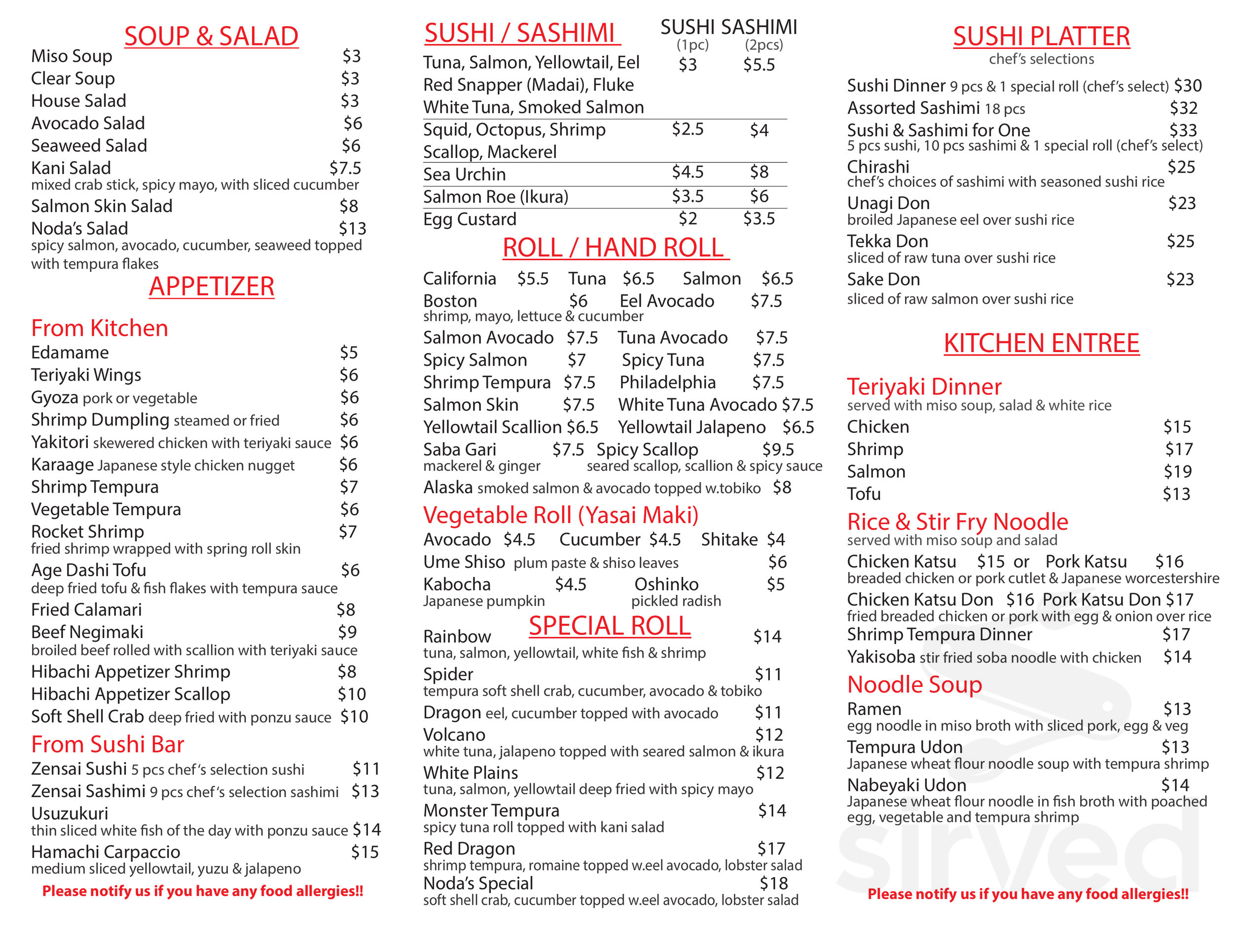 Menu - White Plains NY's Noda Hibachi & Sushi Restaurant | Sirved