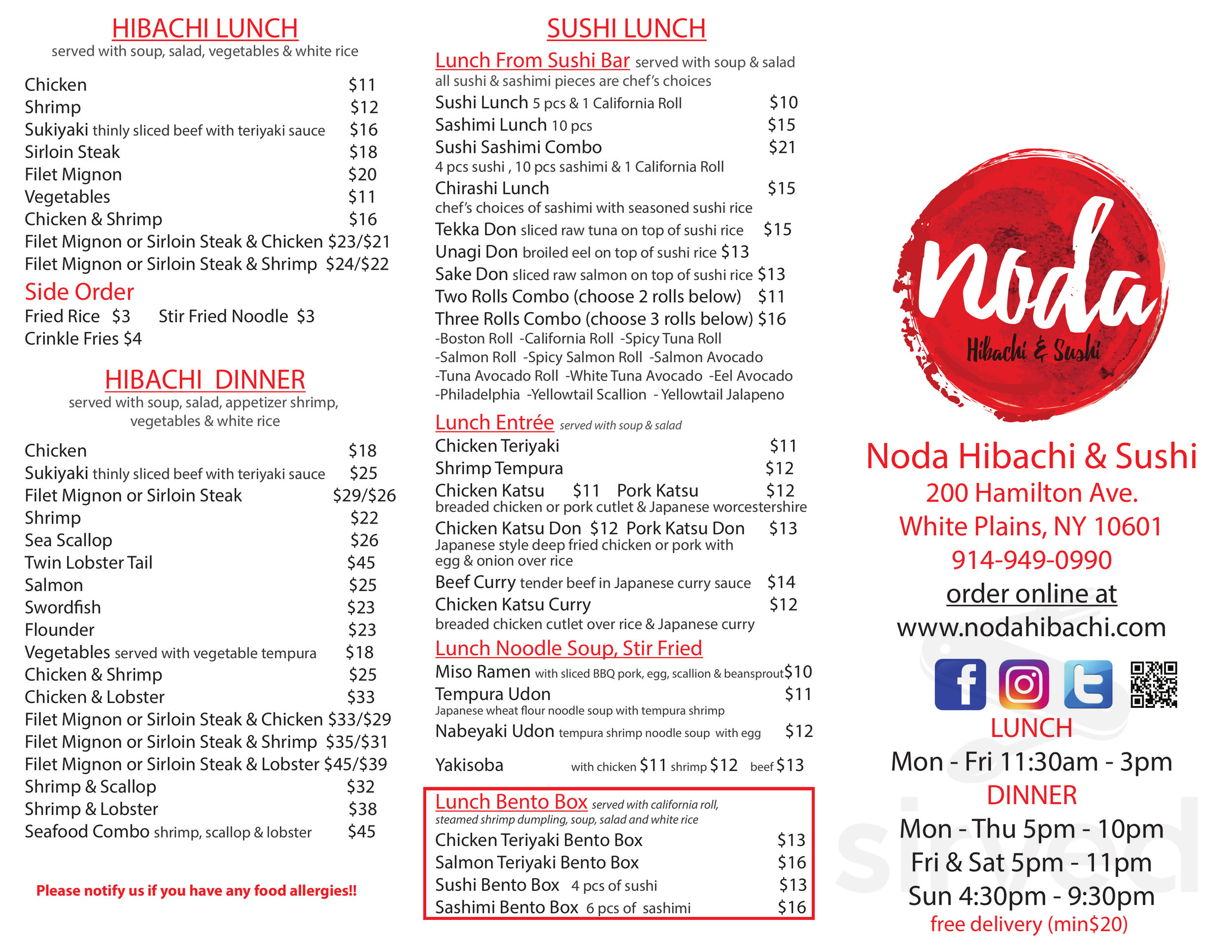 Menu - White Plains NY's Noda Hibachi & Sushi Restaurant | Sirved