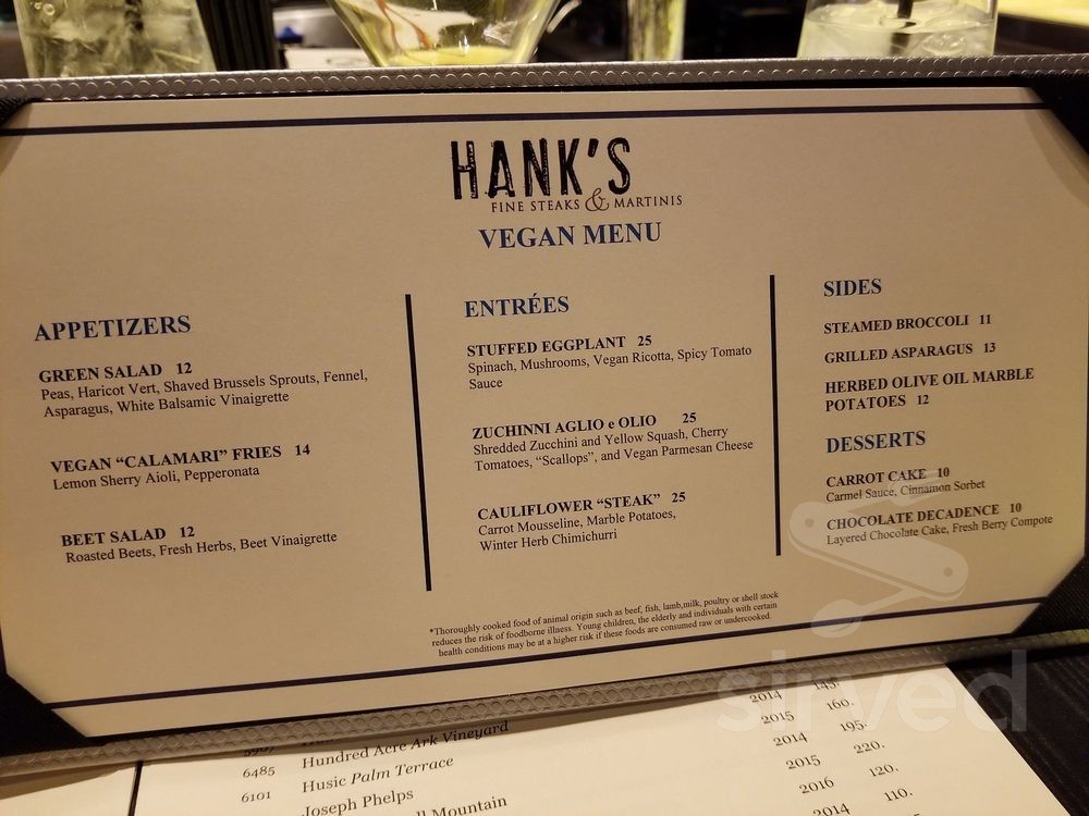 Hank's Fine Steaks & Martinis menu in Henderson, Nevada, USA