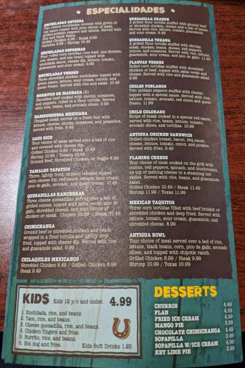 Antigua Mexican Restaurant menu in Rome, Georgia, USA