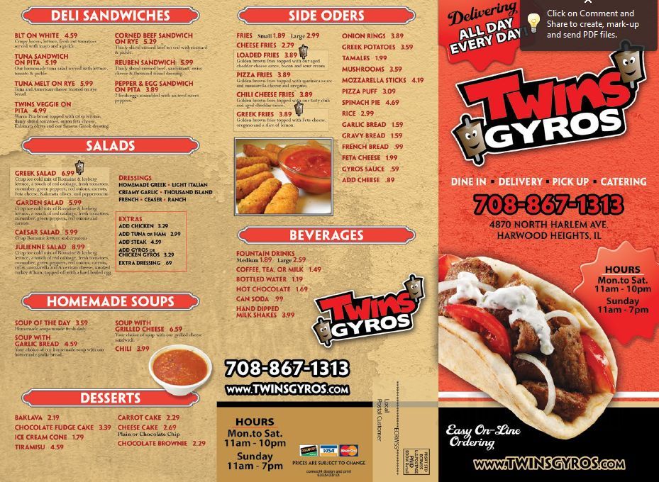 Twins Gyros menu in Harwood Heights, Illinois, USA