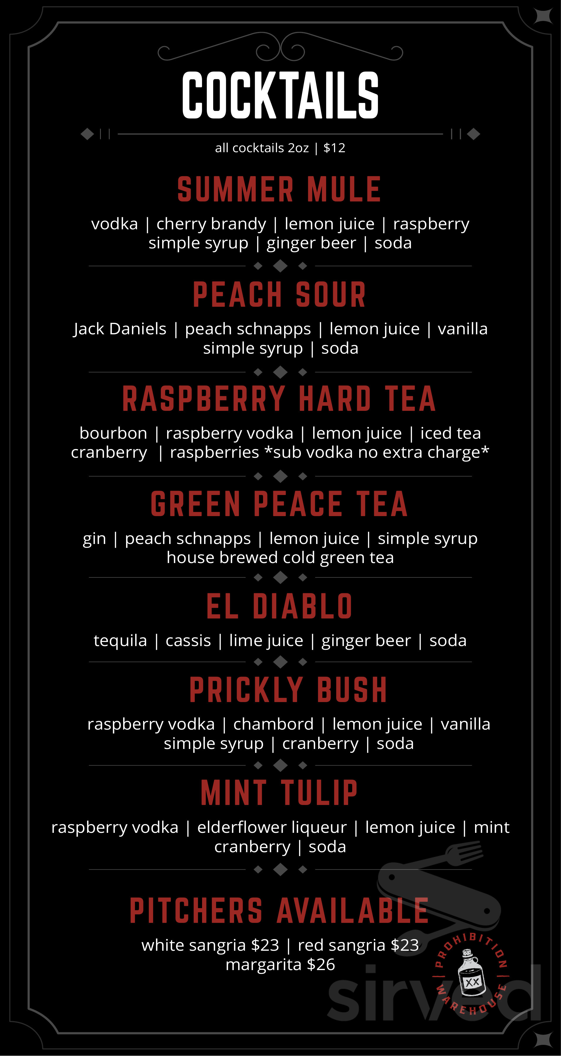 The Prohibition Warehouse menu in Waterloo, Ontario, Canada