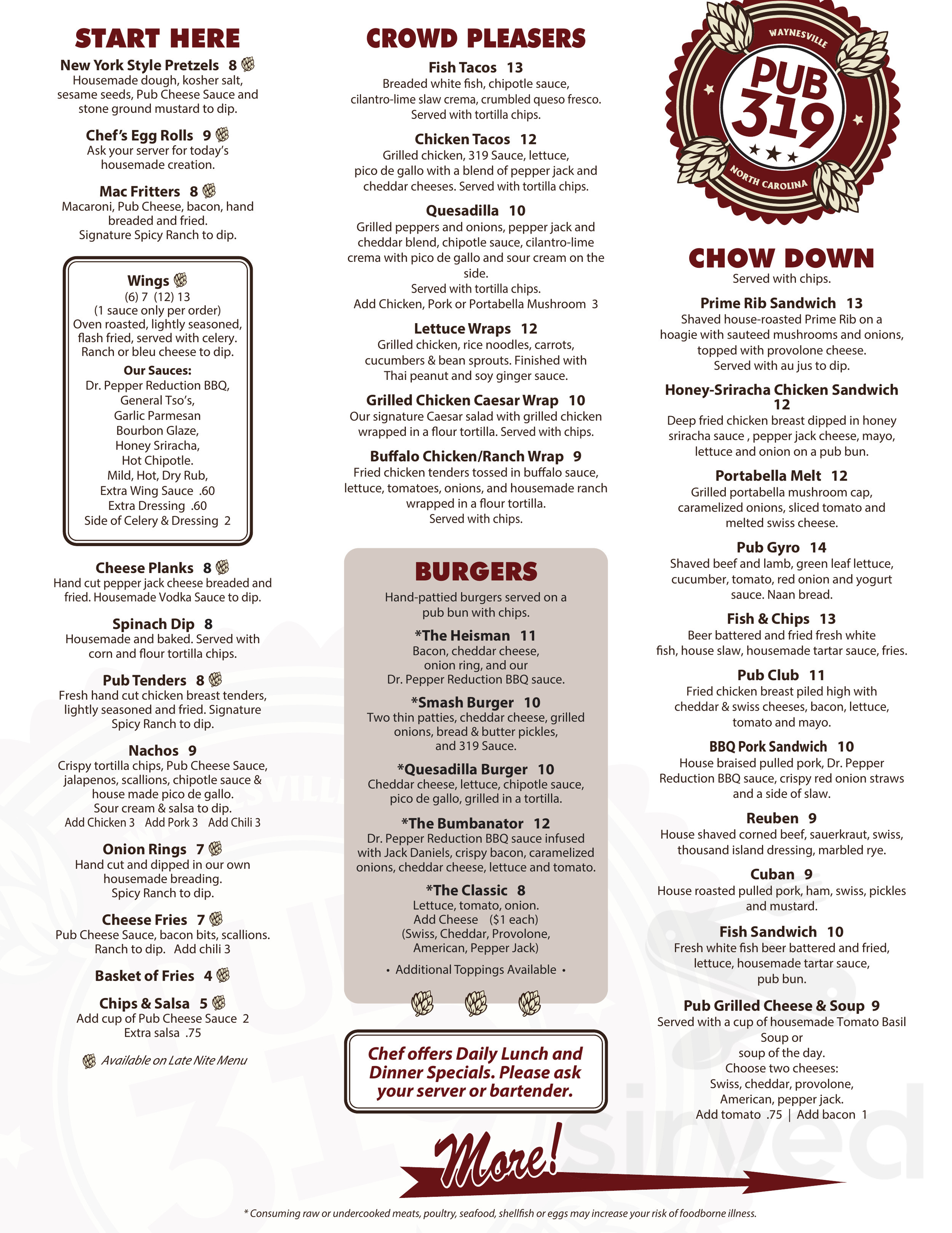 Pub 319 menu in Waynesville, North Carolina, USA