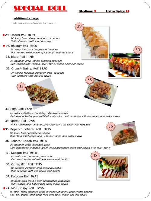 Sushi Mori menu in La Jolla, California, USA