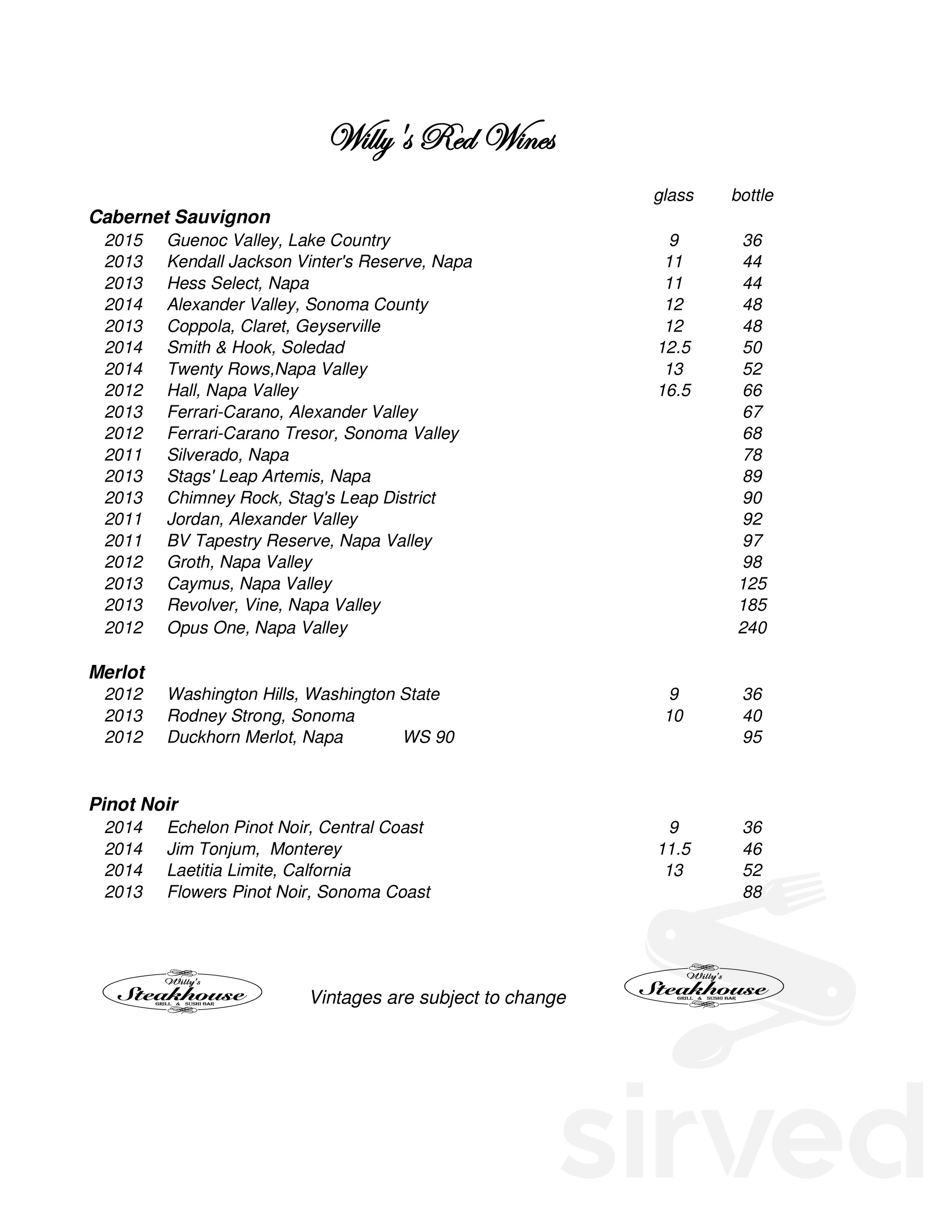 Willy's Steakhouse Grill & Sushi Bar menu in Shrewsbury, Massachusetts, USA