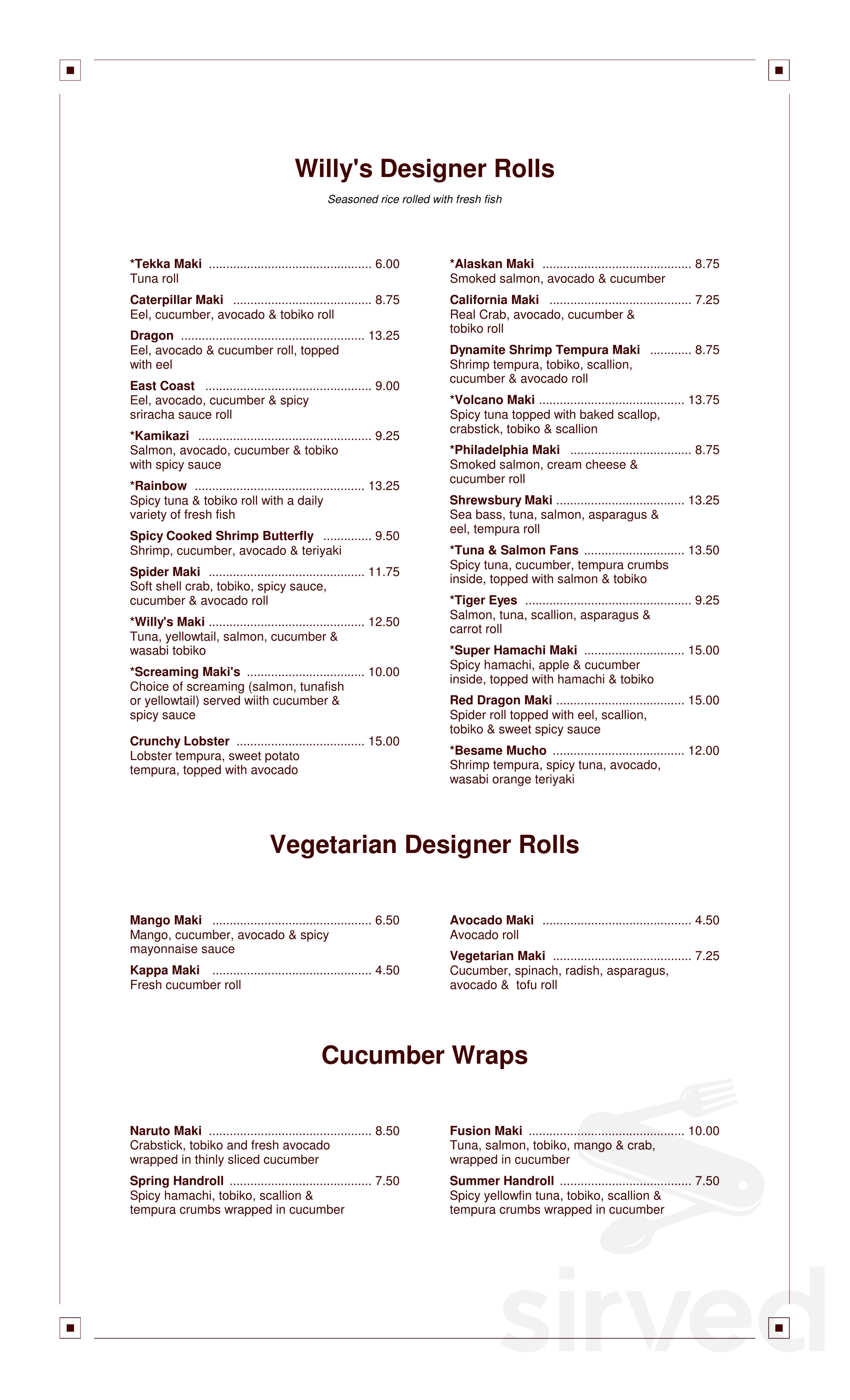 Willy's Steakhouse Grill & Sushi Bar menu in Shrewsbury, Massachusetts, USA