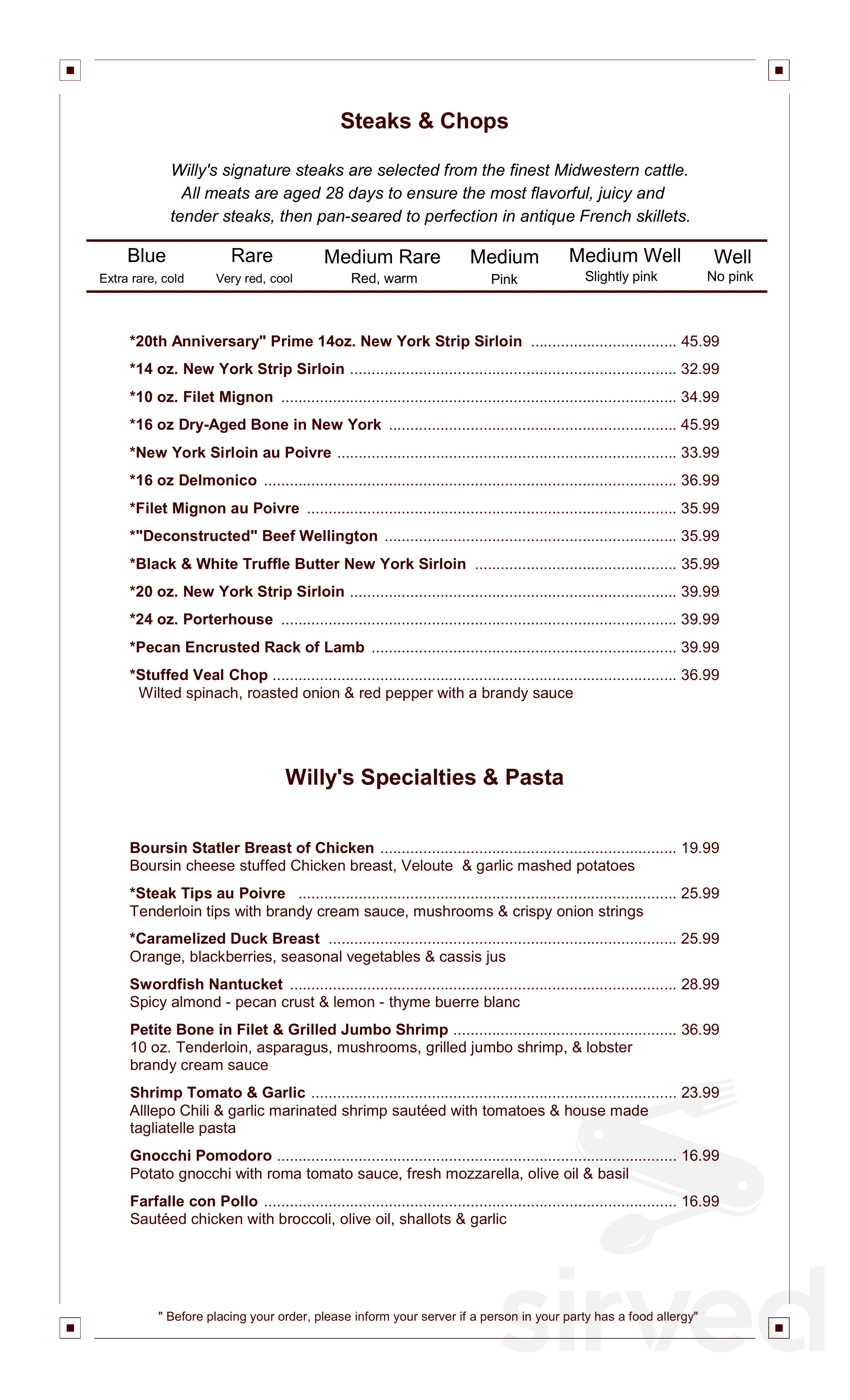 Willy's Steakhouse Grill & Sushi Bar menu in Shrewsbury, Massachusetts, USA