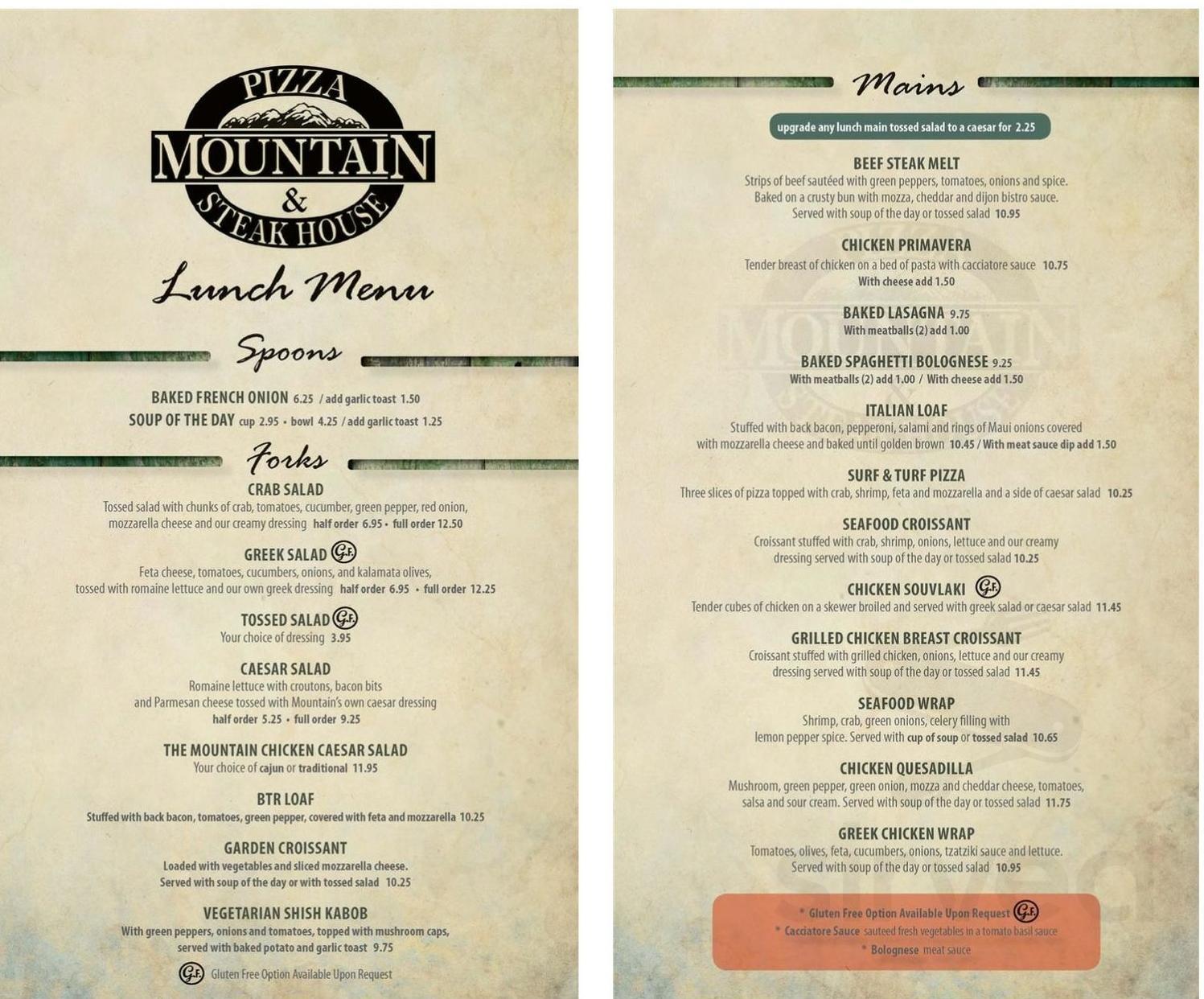 Mountain Pizza & Steak House menu in Edson, Alberta, Canada