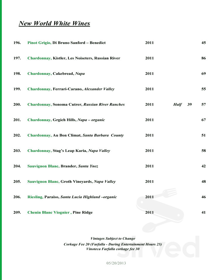 Farfalla Trattoria Westlake Village menu in Westlake Village ...