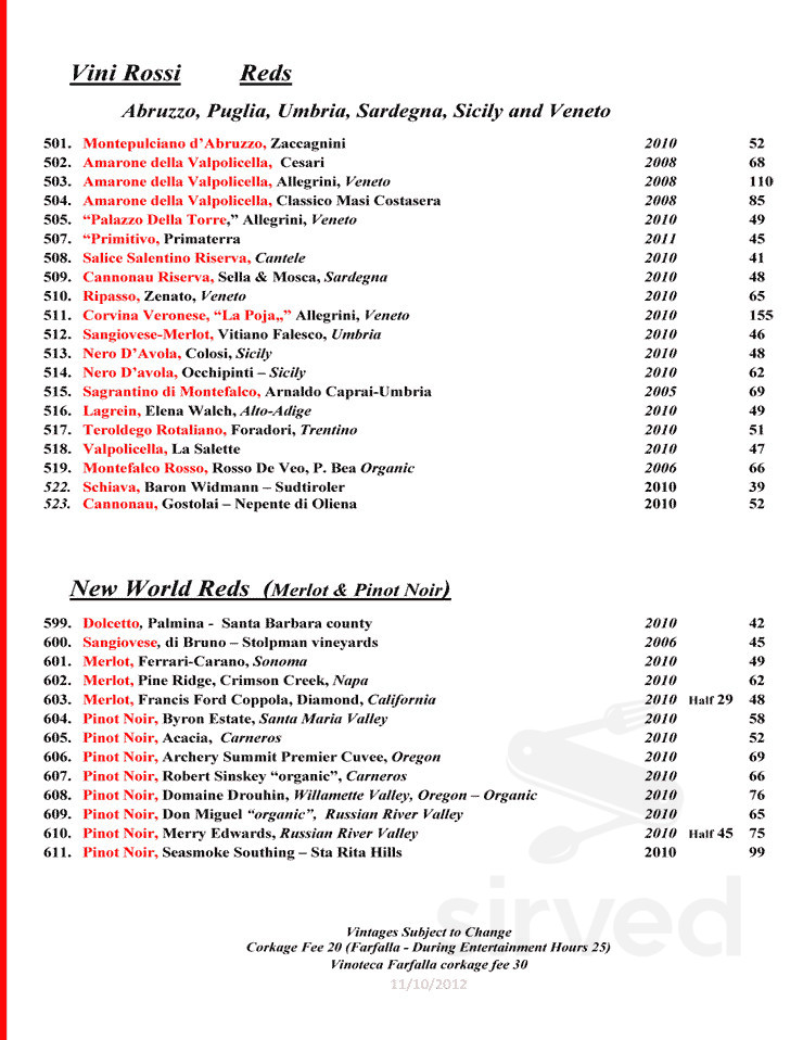 Farfalla Trattoria Westlake Village menu in Westlake Village ...