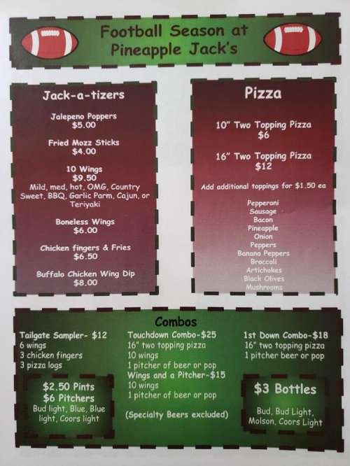 Pineapple Jack's menu in Rochester, New York, USA