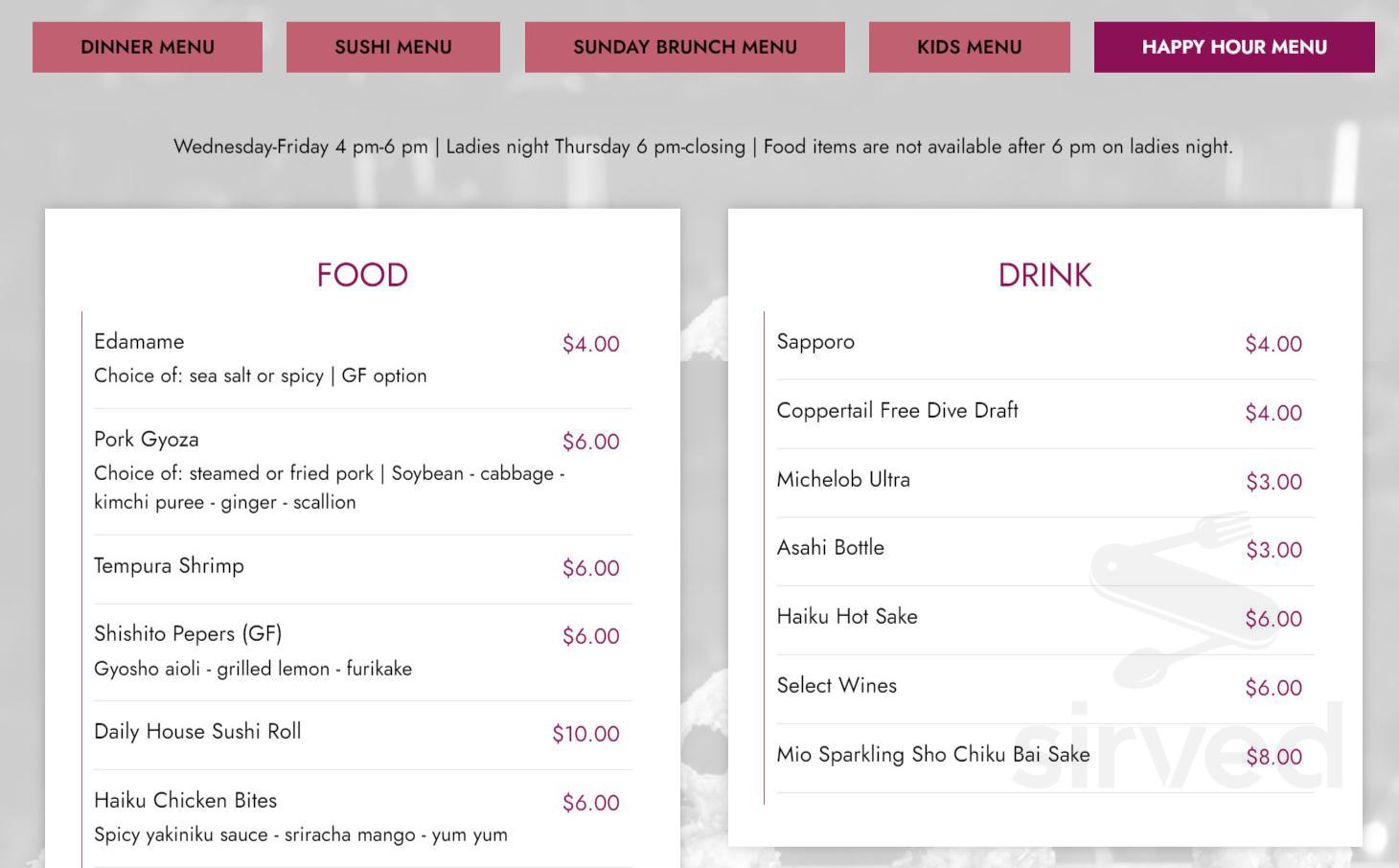 Haiku Tampa menu in Tampa, Florida, USA