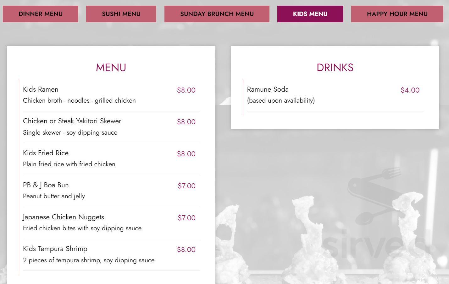 Haiku Tampa menu in Tampa, Florida, USA