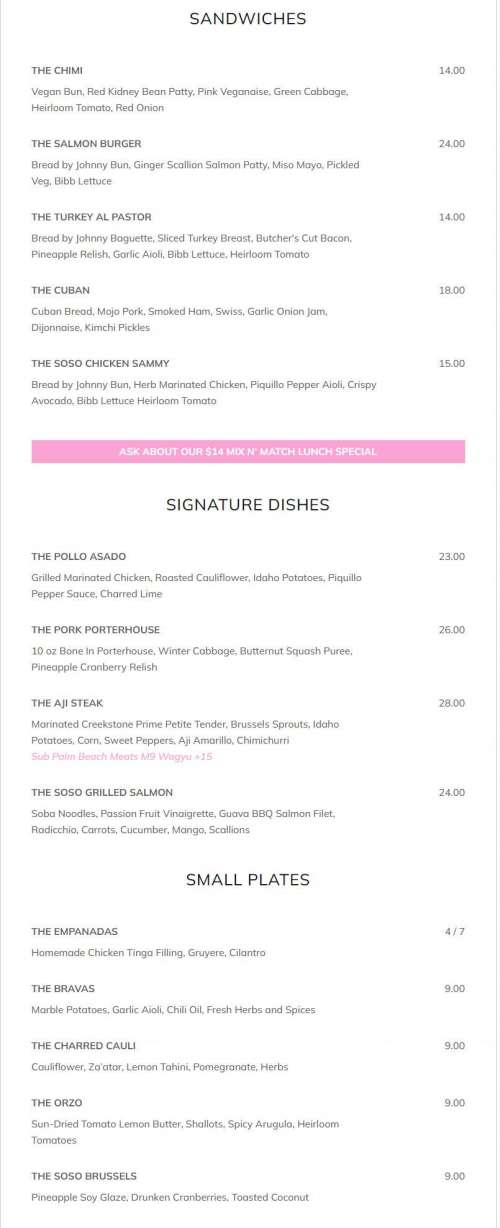 The SoSo - Neighborhood Kitchen menu in West Palm Beach, Florida, USA