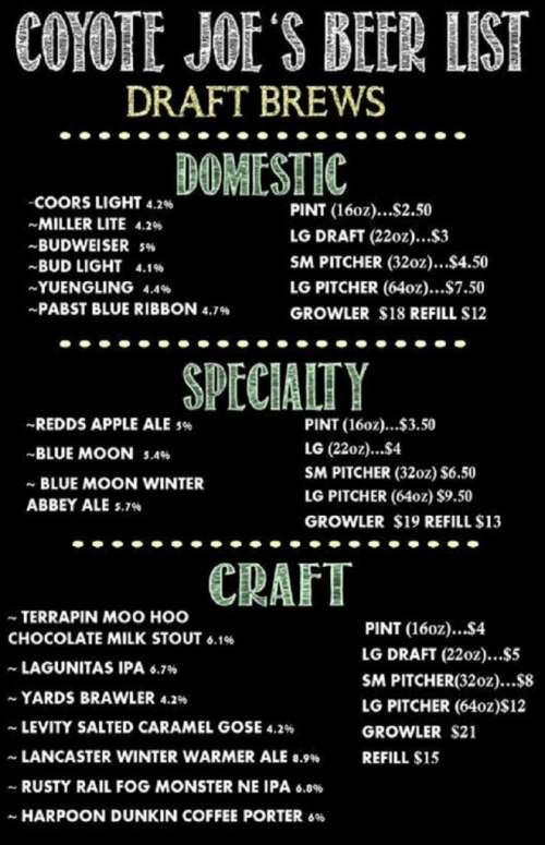 Coyote Joe's menu in DuBois, Pennsylvania, USA