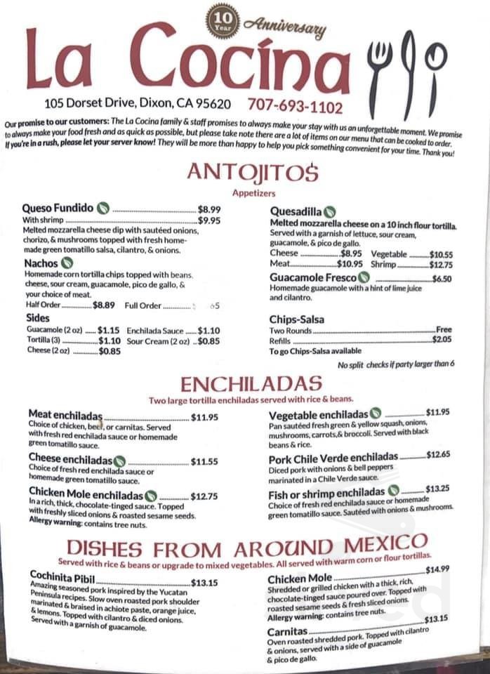 La Cocina Méxicana Restaurant menus in Dixon, California, United States