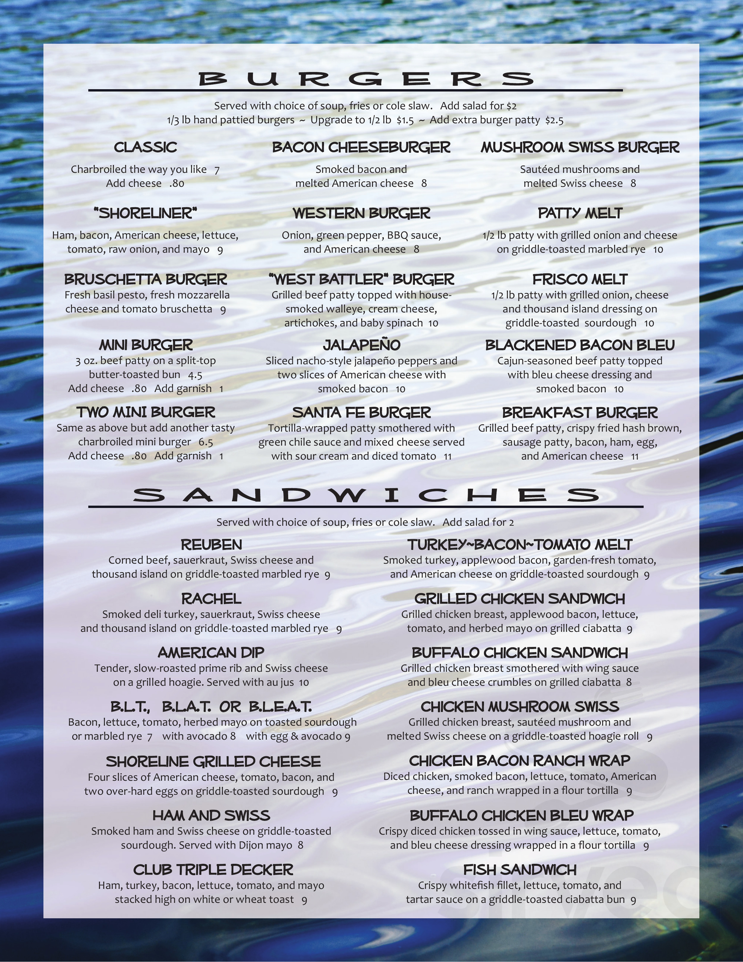 Shoreline Restaurant Bar and Bowl menu in Battle Lake, Minnesota, USA