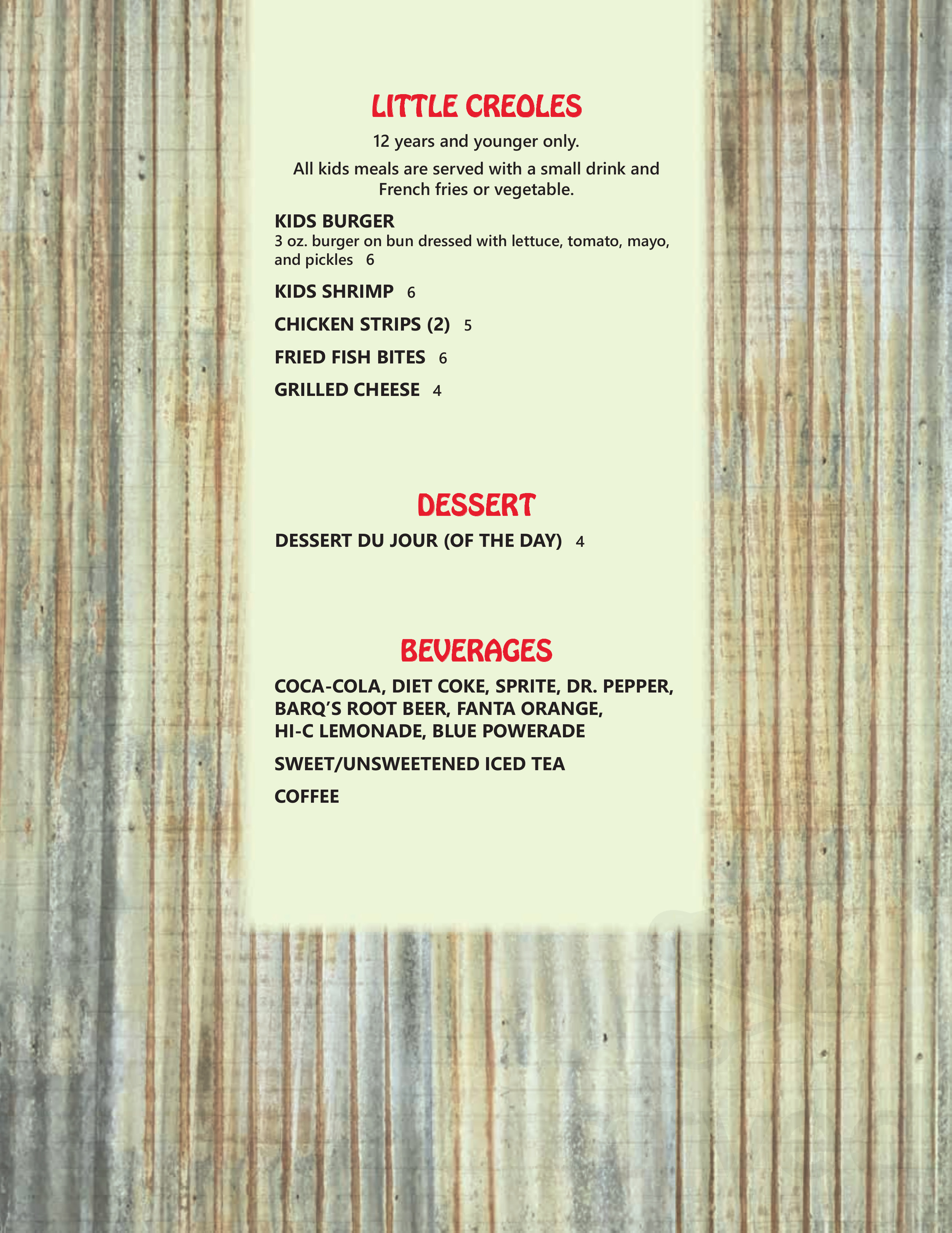 Creole House menu in Paulina, Louisiana, USA