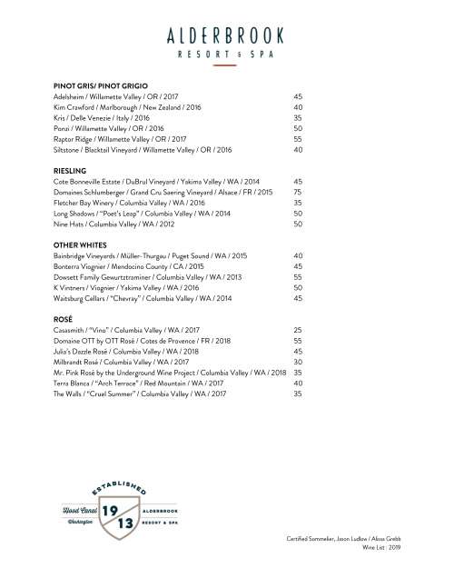 The Clubhouse Restaurant at Alderbrook menu in Union, Washington, USA