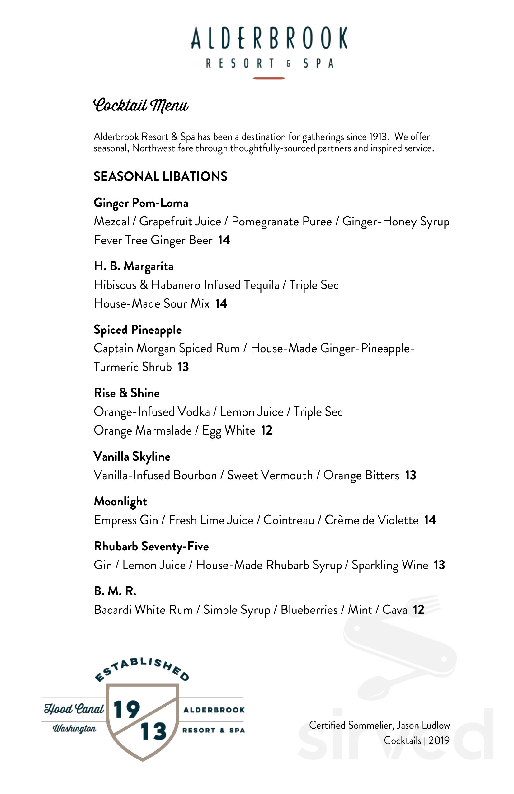 The Clubhouse Restaurant at Alderbrook menu in Union, Washington, USA
