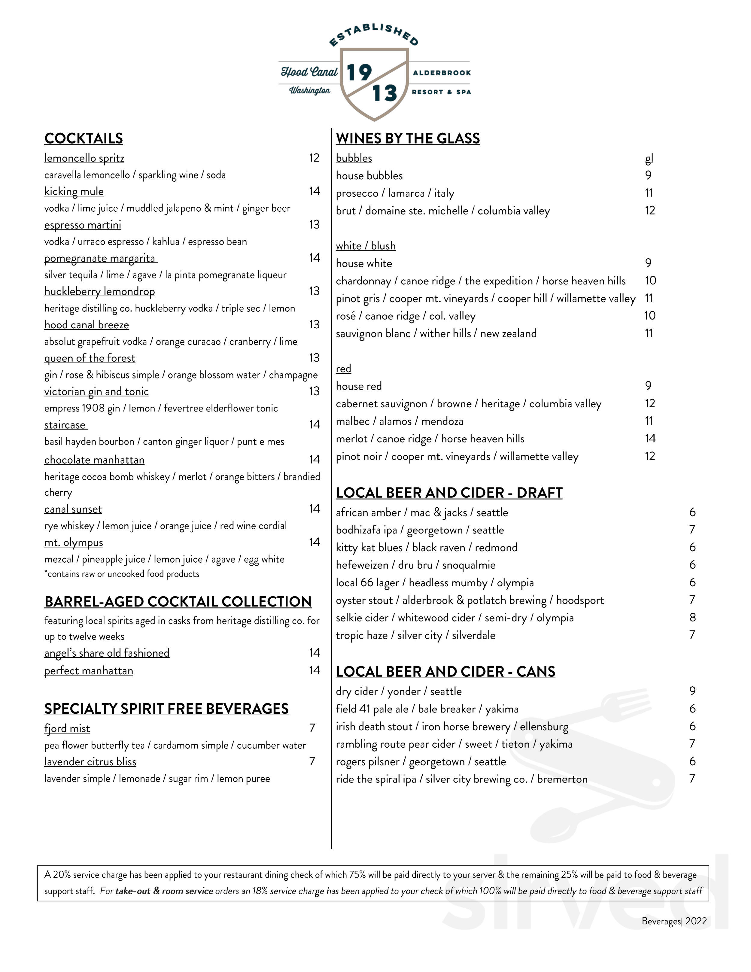 Restaurant At Alderbrook menu in Union, Washington, USA