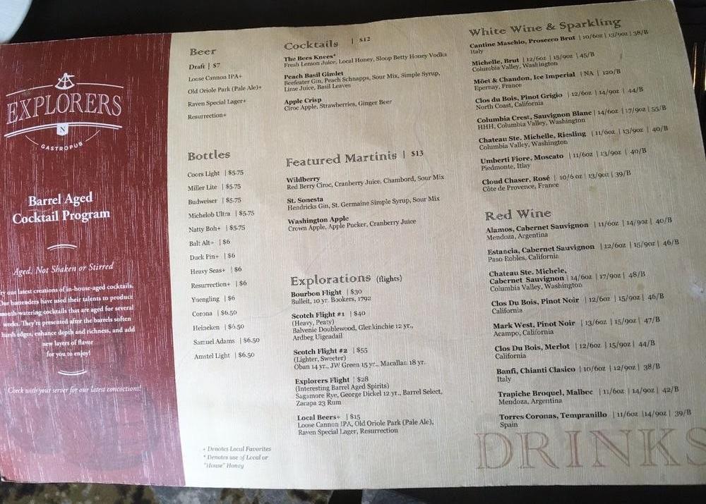 Menu - Baltimore MD's Explorers, an American Gastropub | Sirved