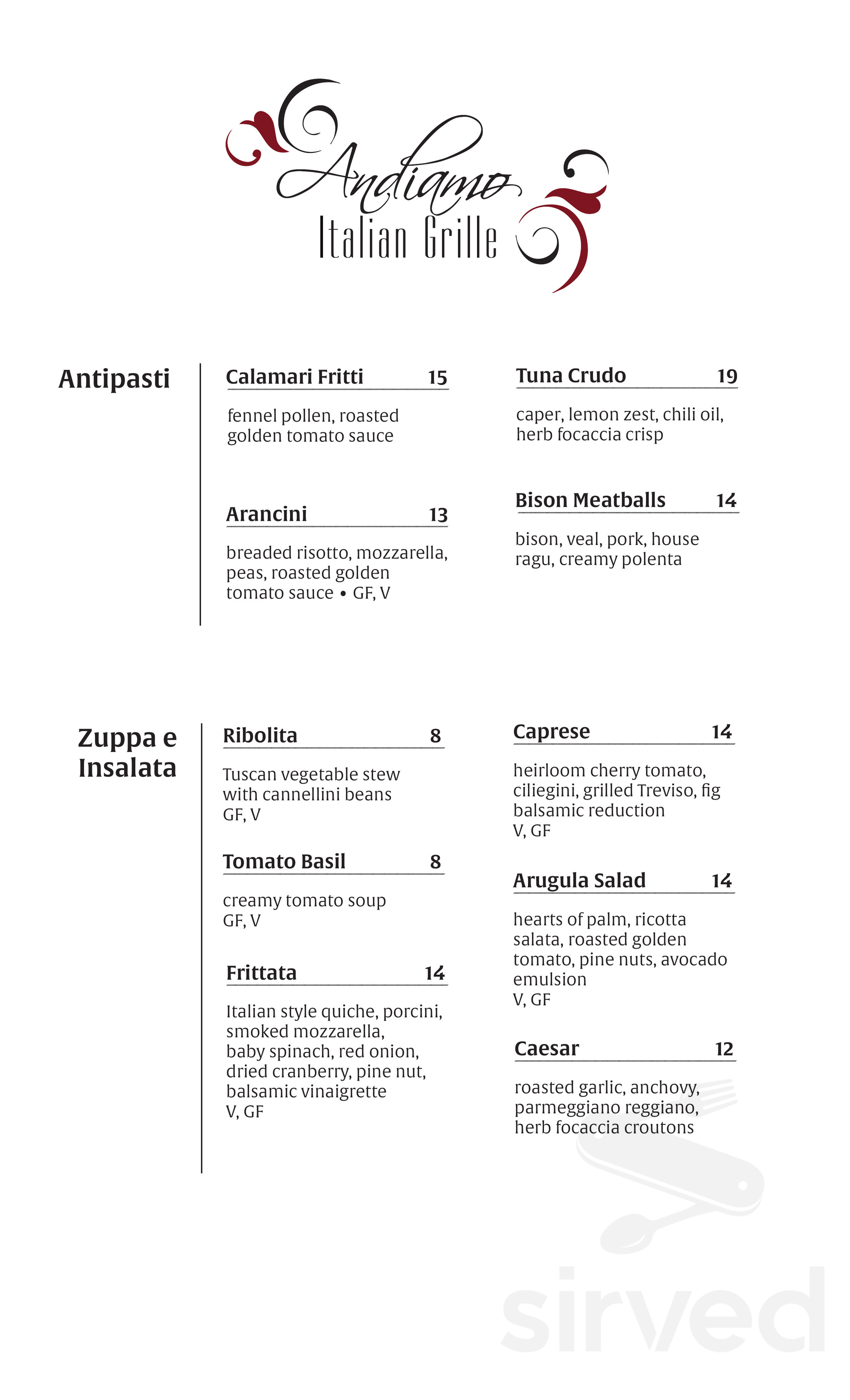 Andiamo Italian Grille menu in Big Sky, Montana, USA