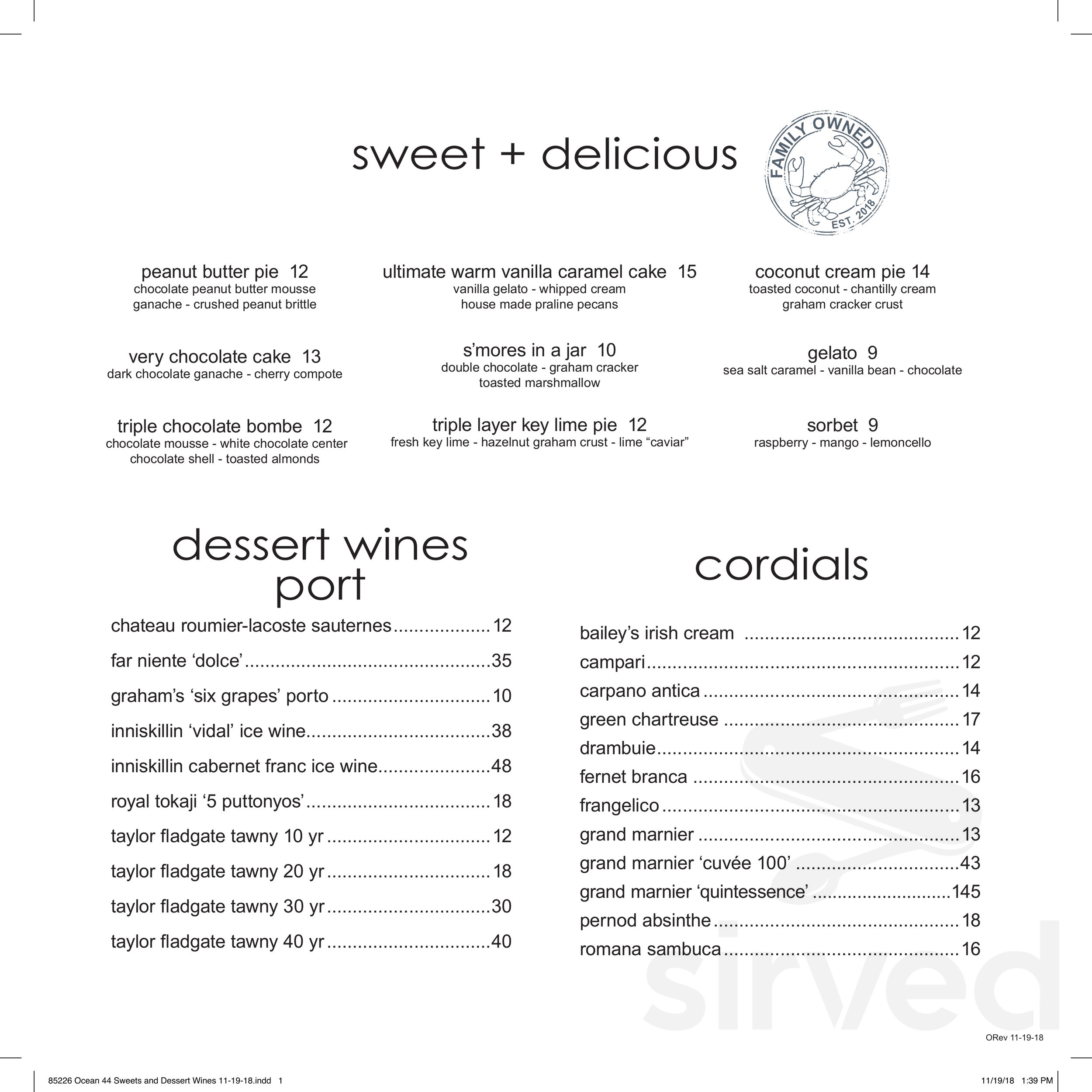 Ocean 44 menu in Scottsdale, Arizona, USA