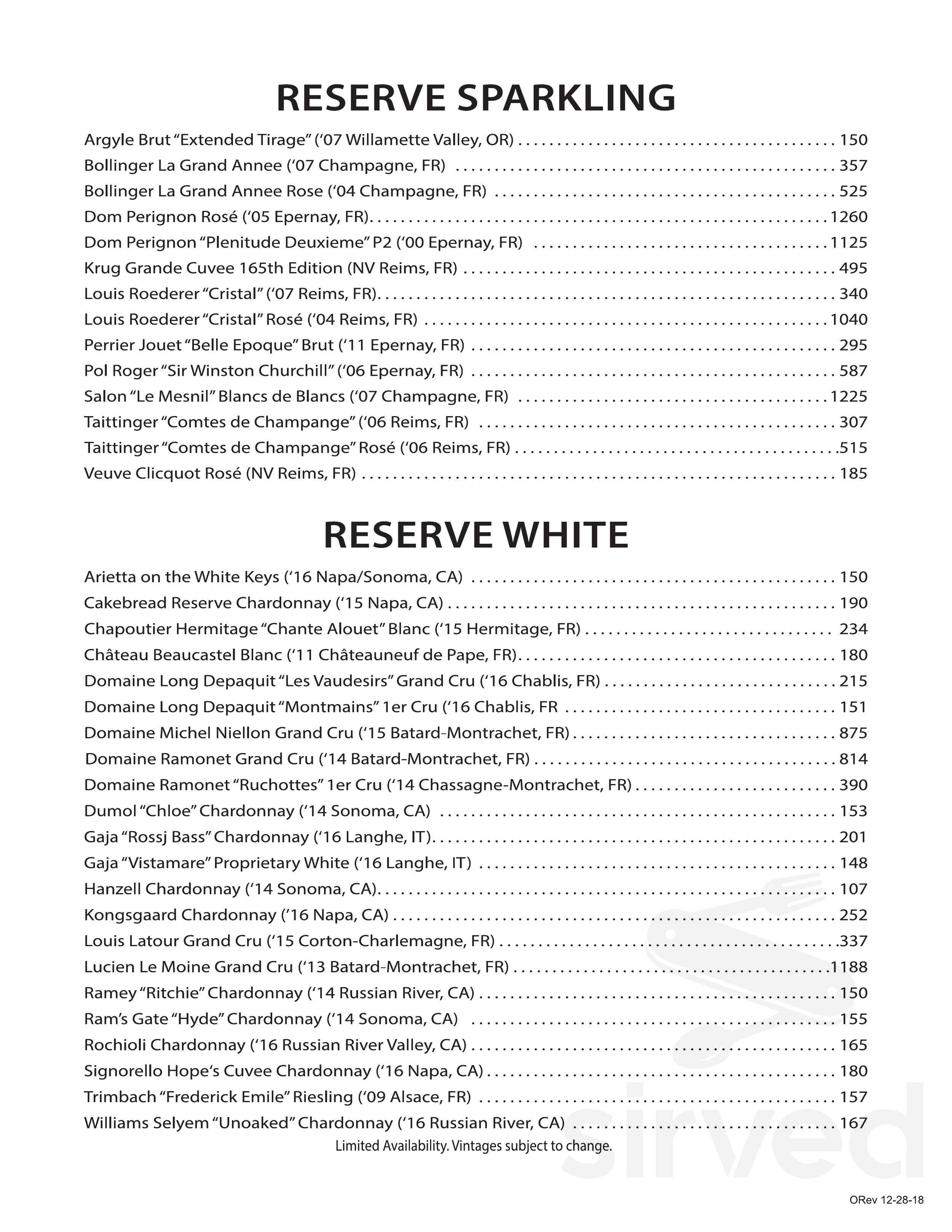 Ocean 44 menu in Scottsdale, Arizona, USA