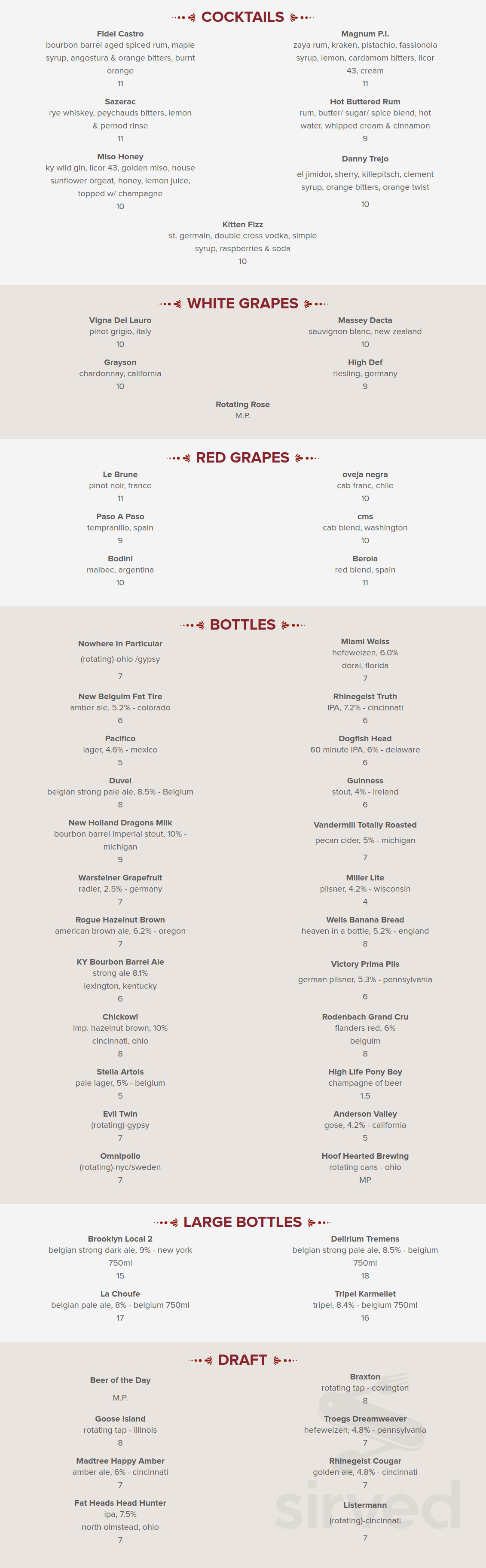 Senate menu in Cincinnati, Ohio, USA