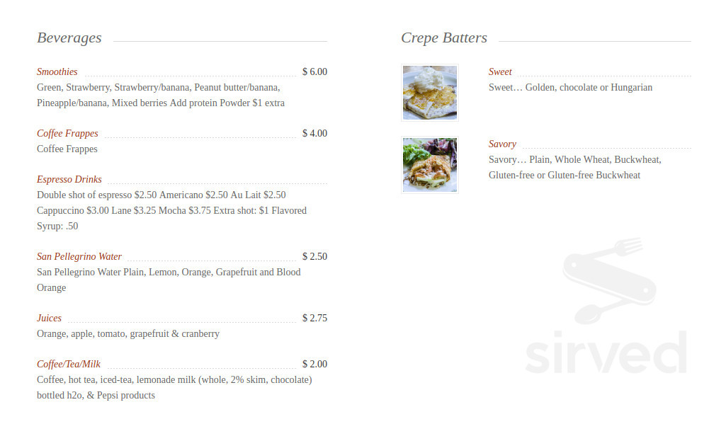 Betsy's Crepes menu in Southern Pines, North Carolina, USA