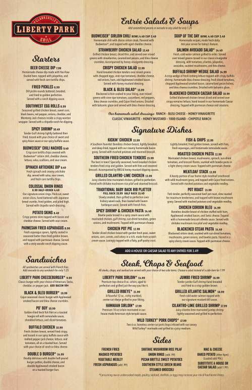 Liberty Park Grill menu in Clarksville, Tennessee, USA