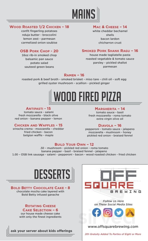 Off Square Brewing menu in Crown Point, Indiana, USA