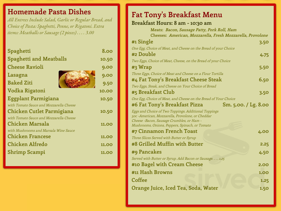 Fat Tony's menu in Morrisville, Pennsylvania, USA