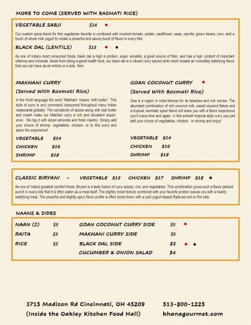 Khana Gourmet Indian grill menu in Cincinnati, Ohio, USA
