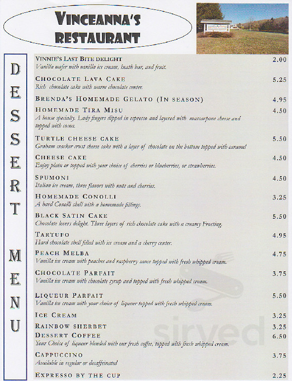 Menu for Vince Anna's Restaurant (Reservations are Required) in ...