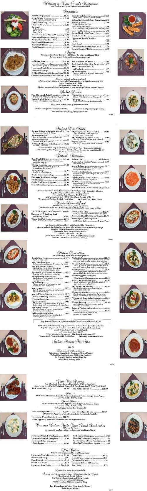 Vince Anna's Restaurant (Reservations are Required) menu in Greenville ...