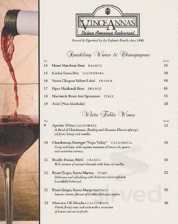 Vince Anna's Restaurant (Reservations are Required) menu in Greenville ...