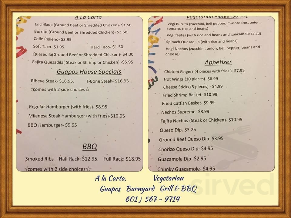 Menu for Guapos Barnyard Grill And BBQ in Smithdale, MS | Sirved