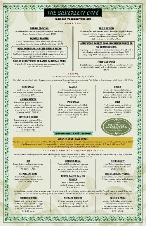 Silverleaf Café menu in Redmond, Oregon, USA