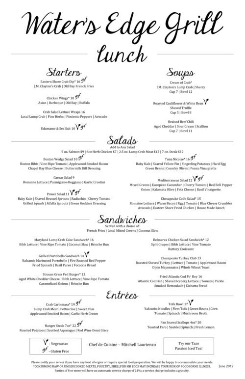 Water's Edge Grill menu in Cambridge, Maryland, USA