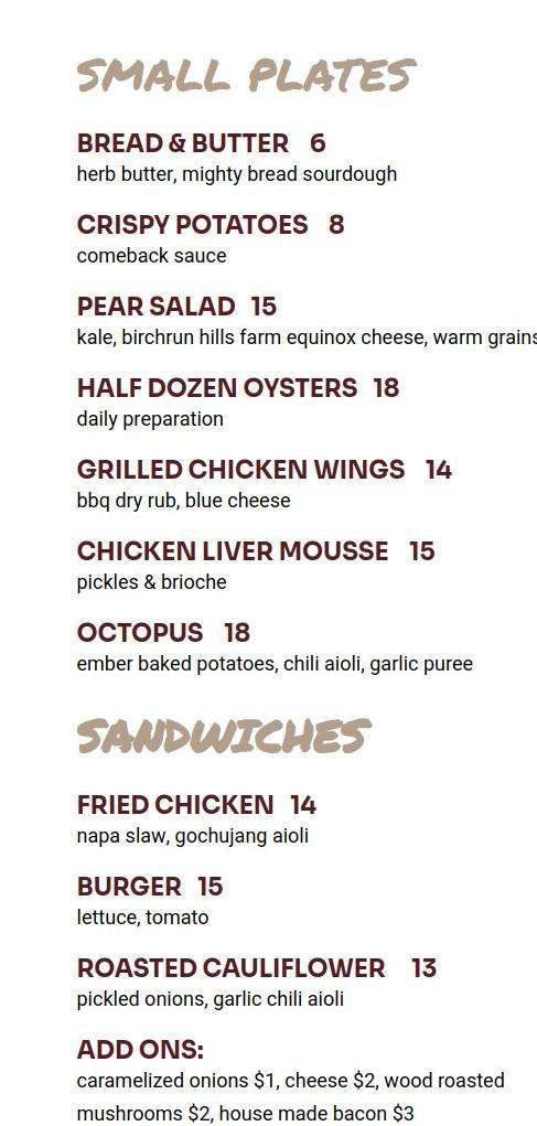 Ember & Ash menu in Philadelphia, Pennsylvania, USA