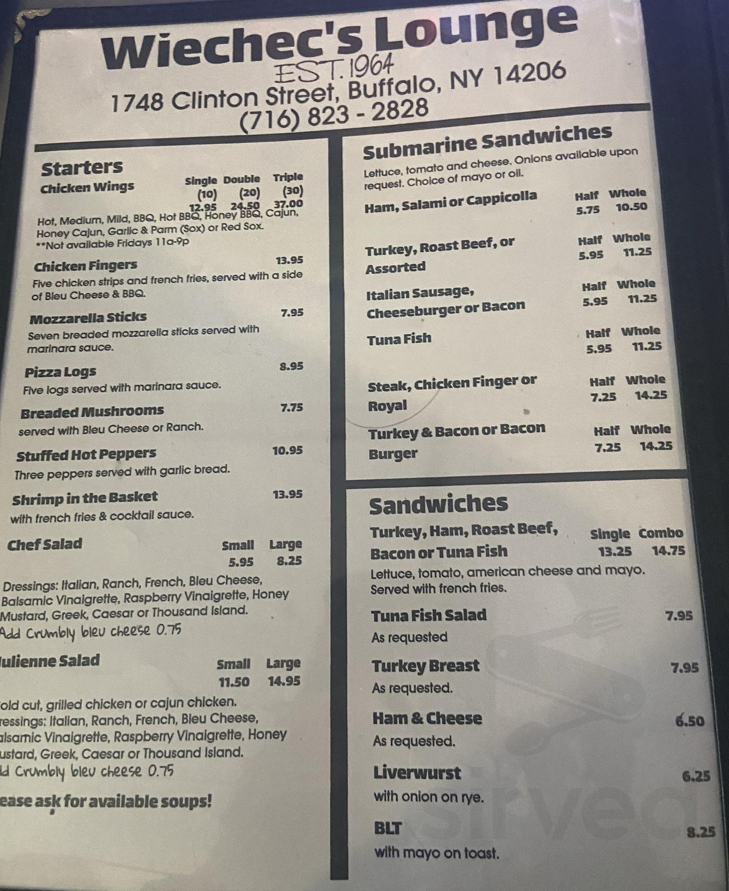 Wiechec's Lounge menu in Buffalo, New York, USA