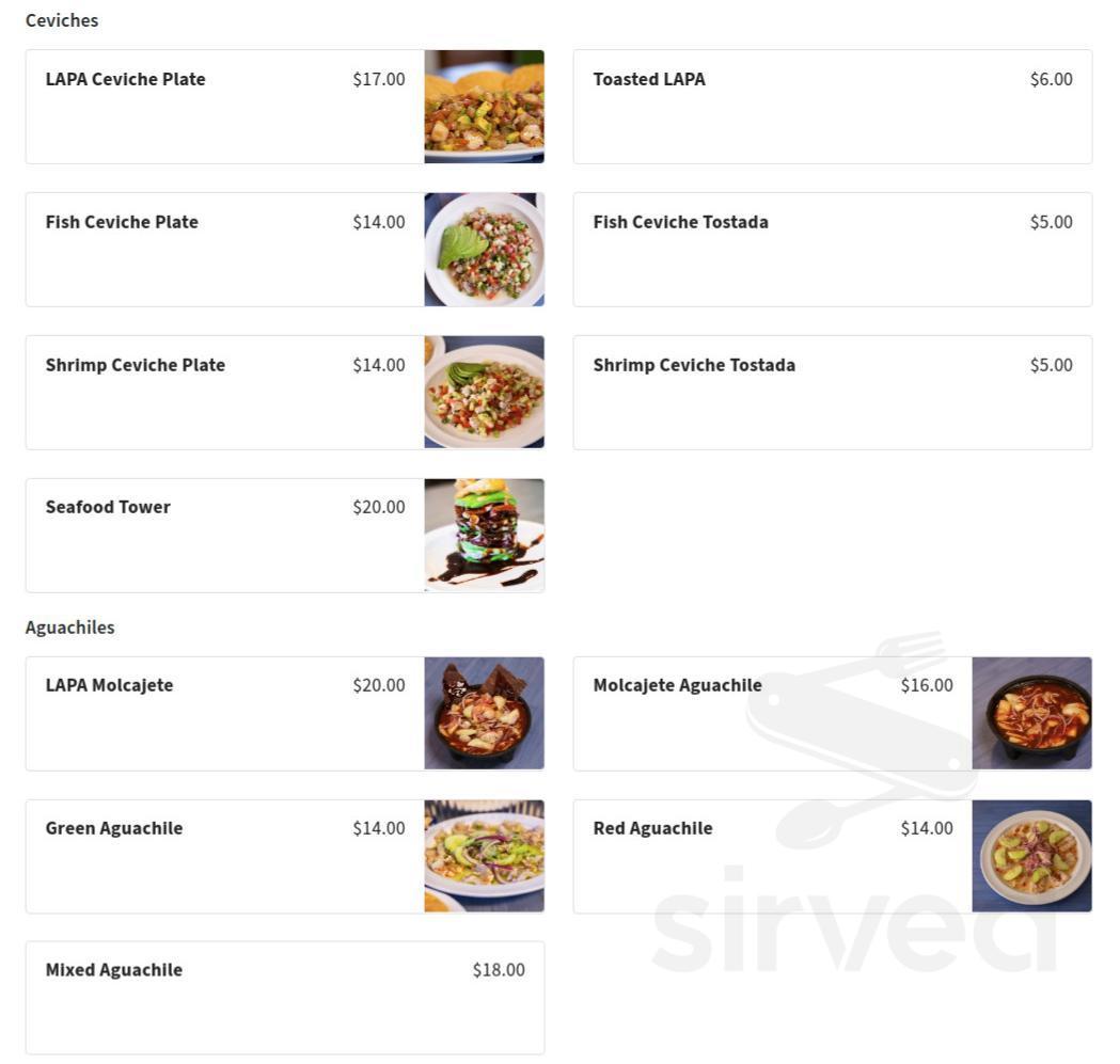 Menu for Lapa Lapa Seafood & Drinks in El Paso, TX | Sirved