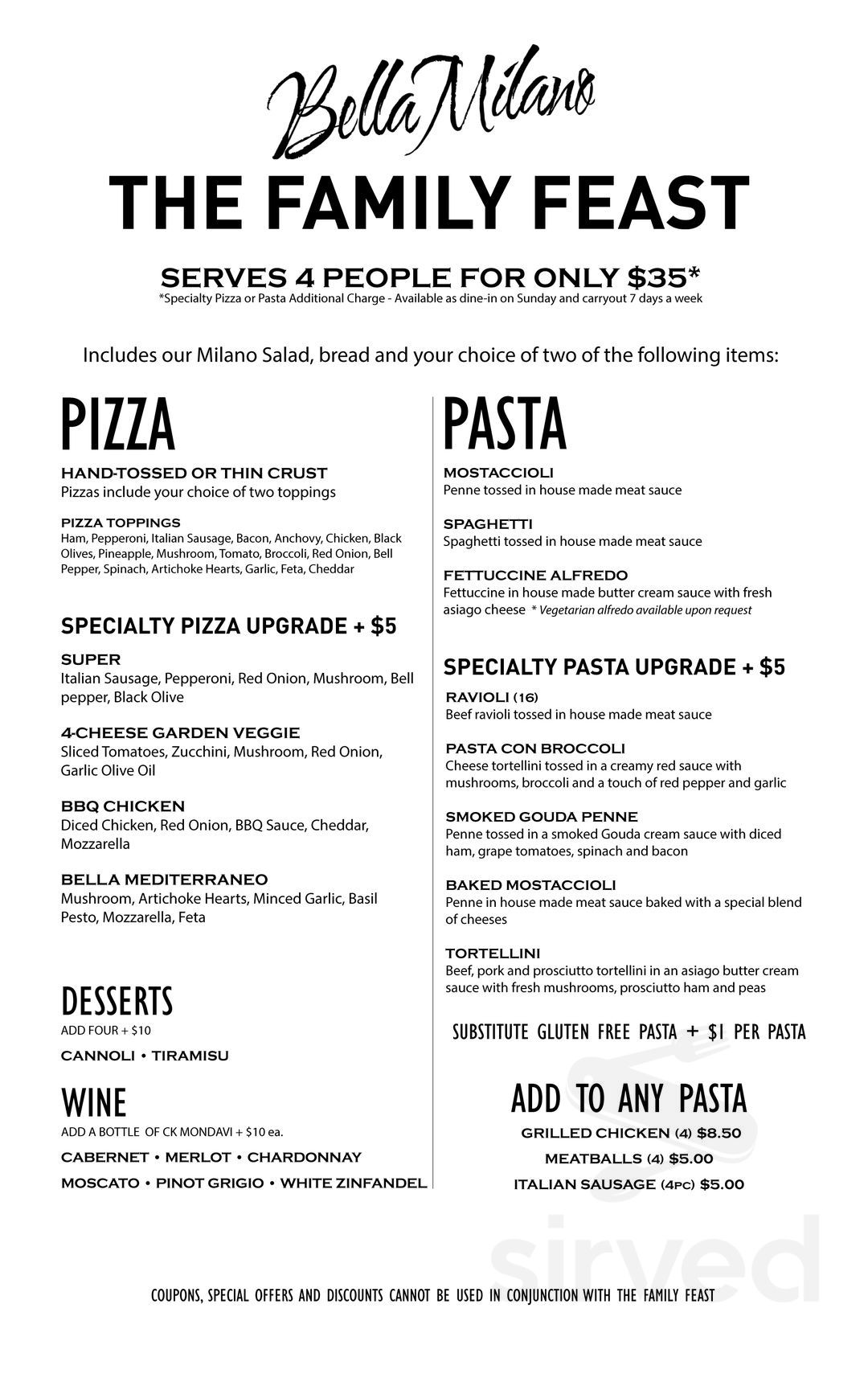 Bella Milano Springfield menu in Springfield, Illinois, USA