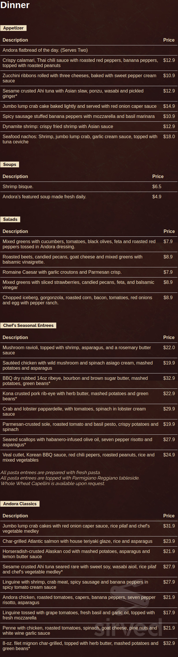 Menu for Andora in Sewickley, PA | Sirved